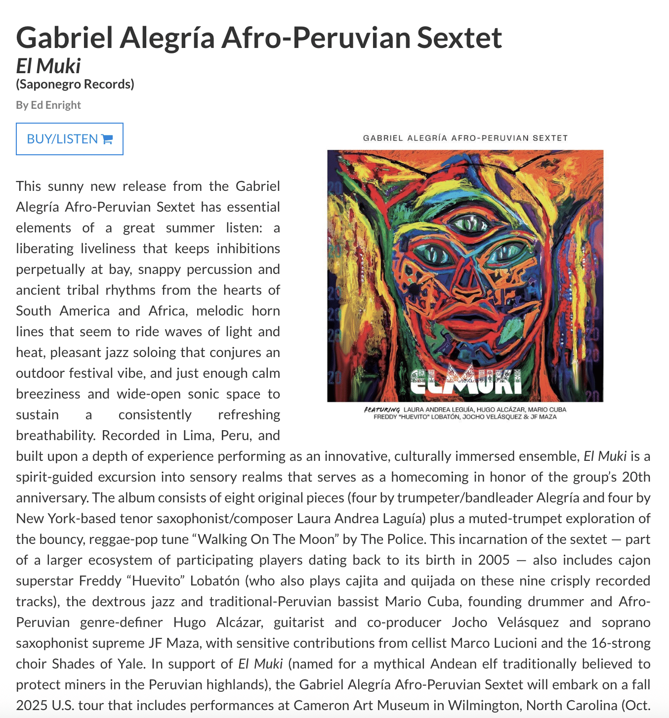 Gabriel Alegría Afro-Peruvian Sextet | El Muki | August 15, 2025 - Jazzfuel